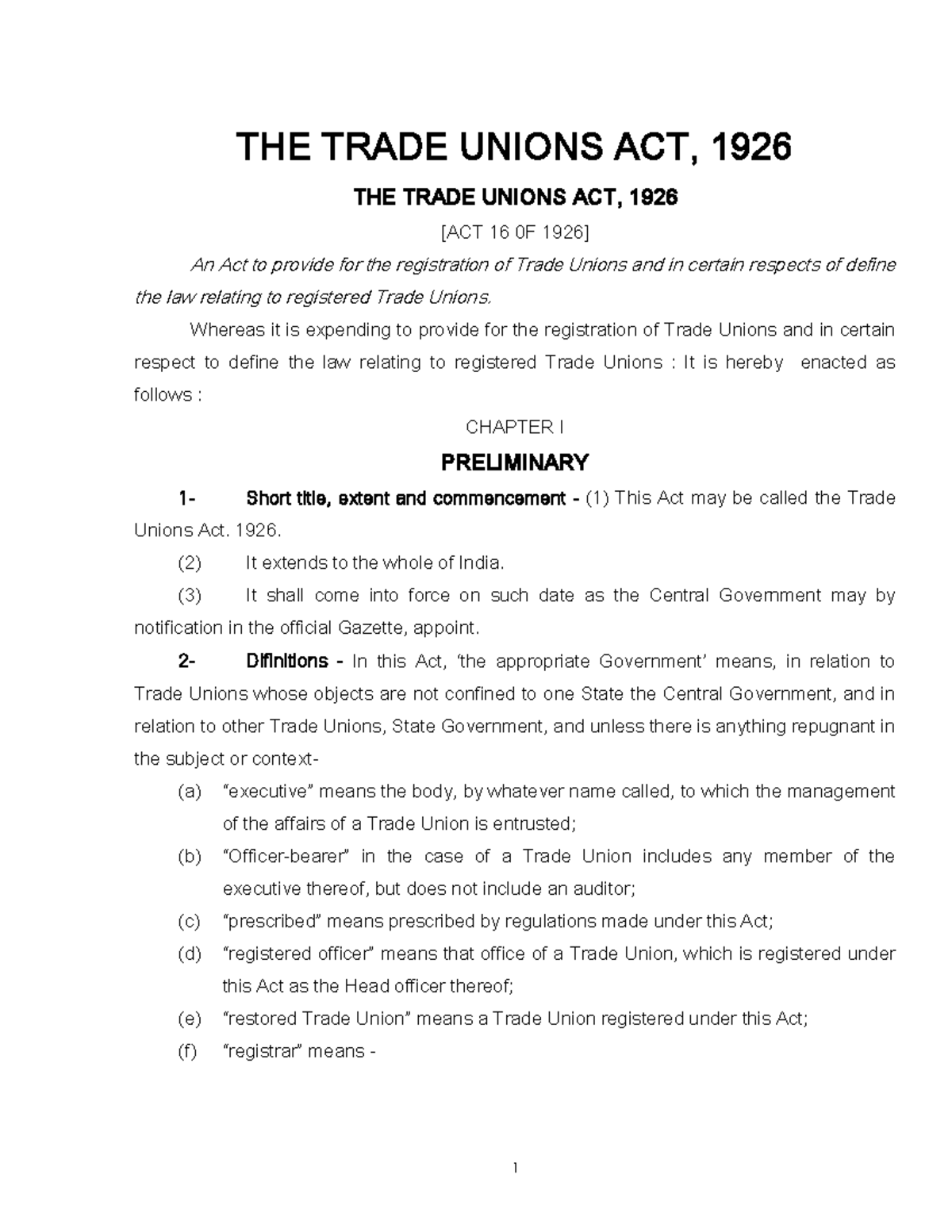 Trande union Act - Law - THE TRADE UNIONS ACT, 1926 THE TRADE UNIONS ...