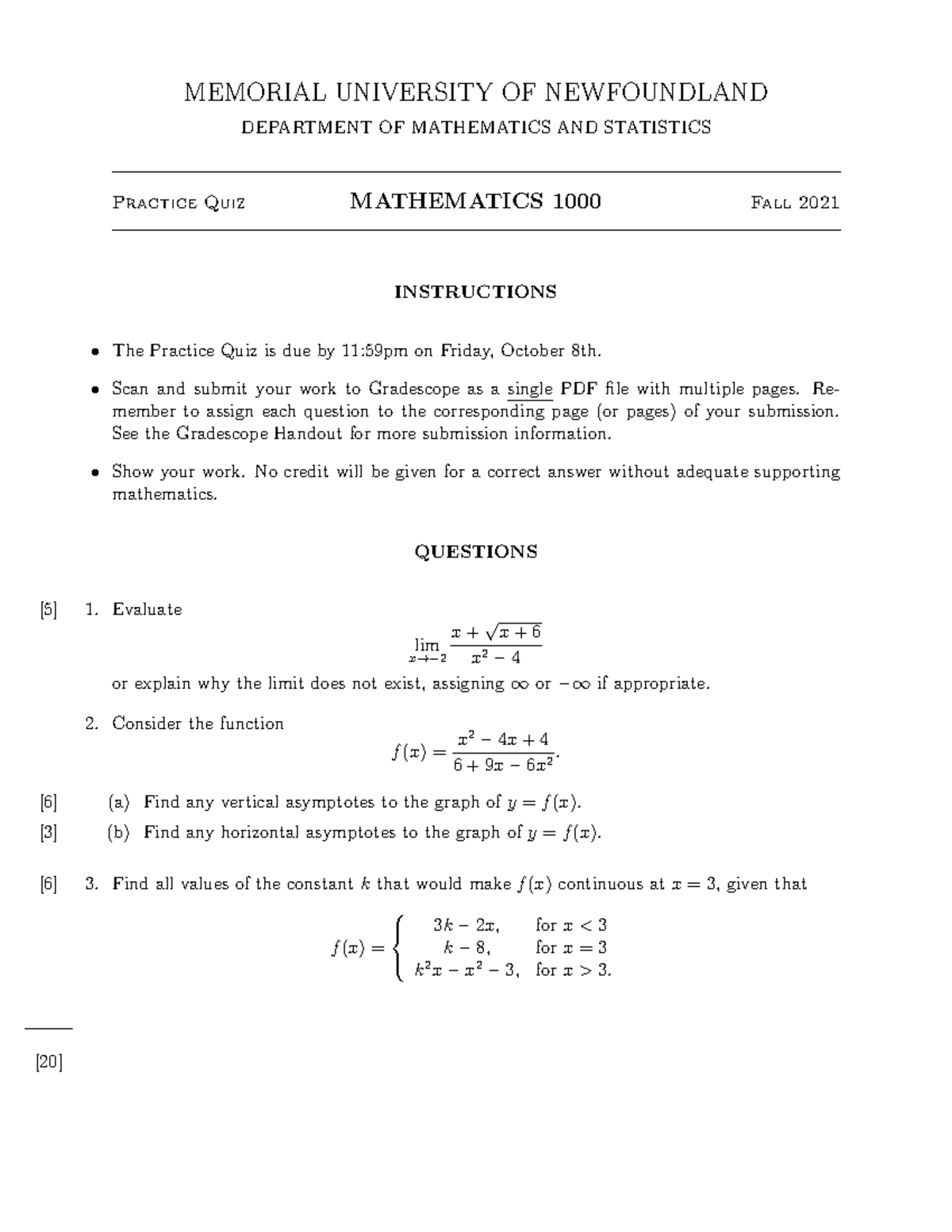 Quiz - test - MEMORIAL UNIVERSITY OF NEWFOUNDLAND DEPARTMENT OF ...