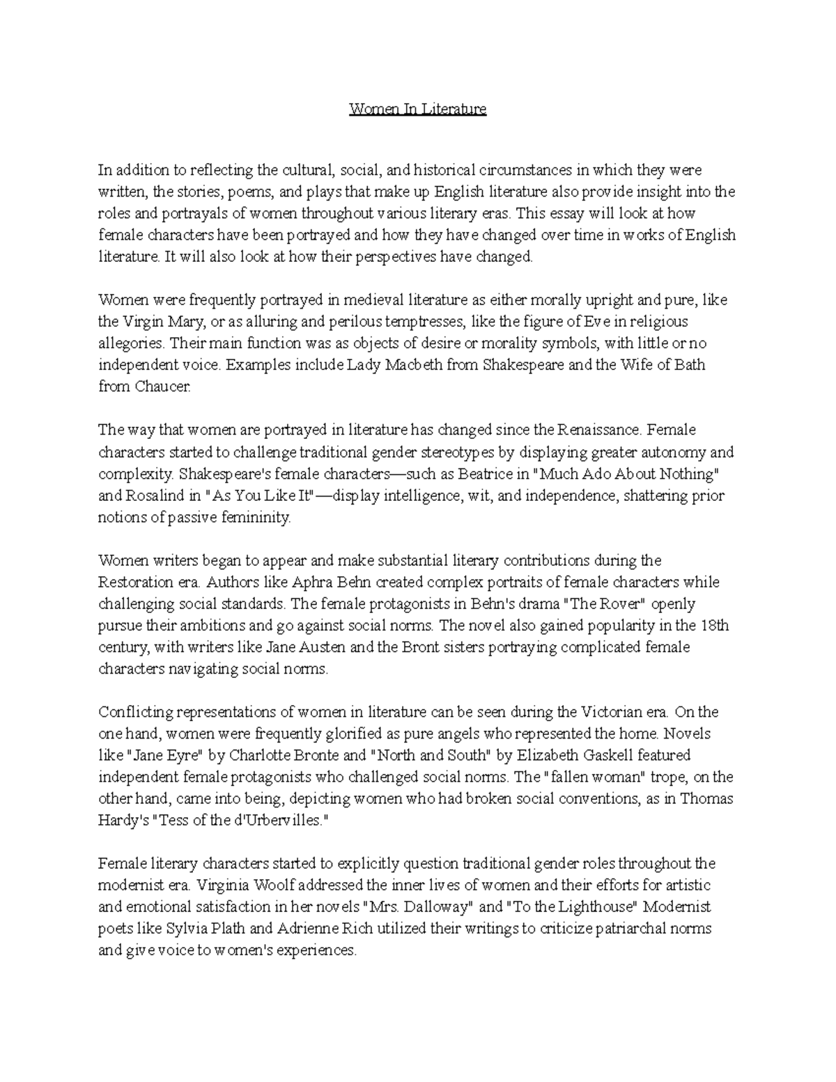 Women In Literature - This essay will look at how female characters ...