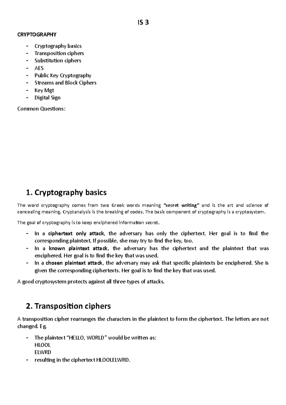 Information Security chapter 3 - IS 3 CRYPTOGRAPHY Cryptography basics Transposition ciphers ...
