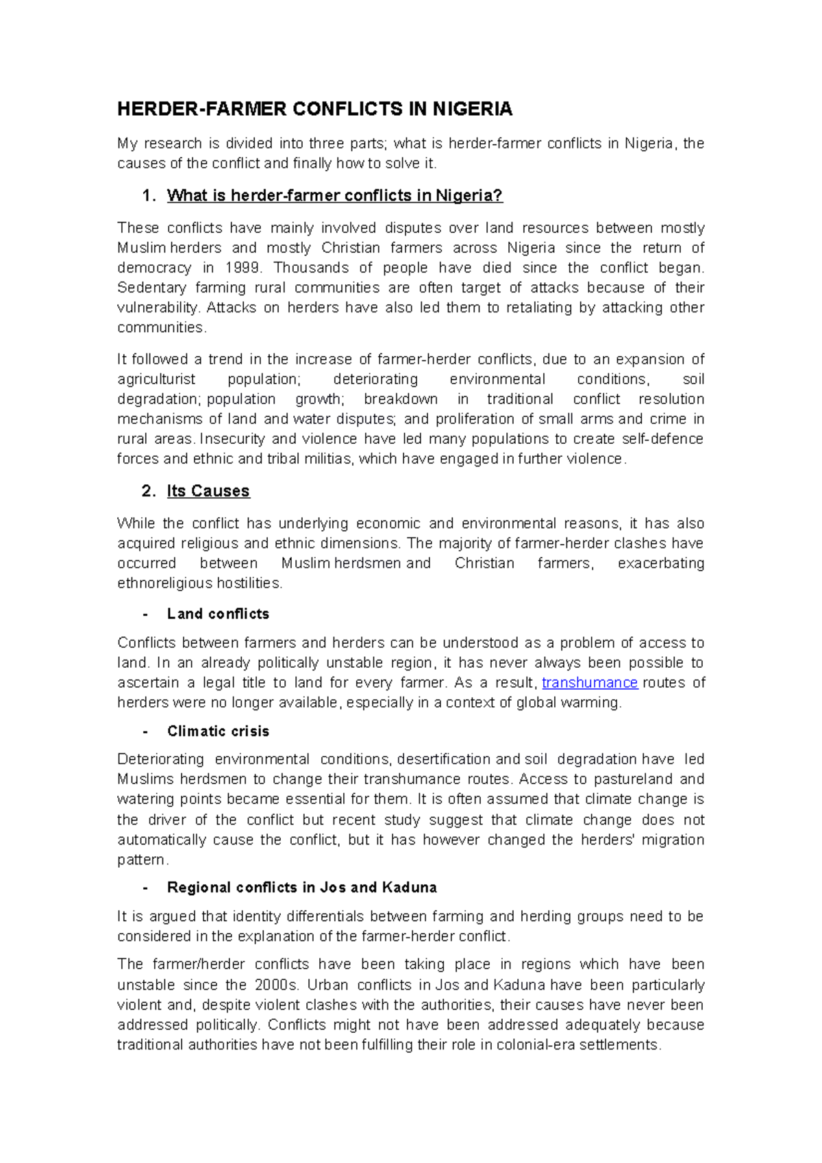 Herder- Farmer Conflicts IN Nigeria - HERDER-FARMER CONFLICTS IN NIGERIA My research is divided ...