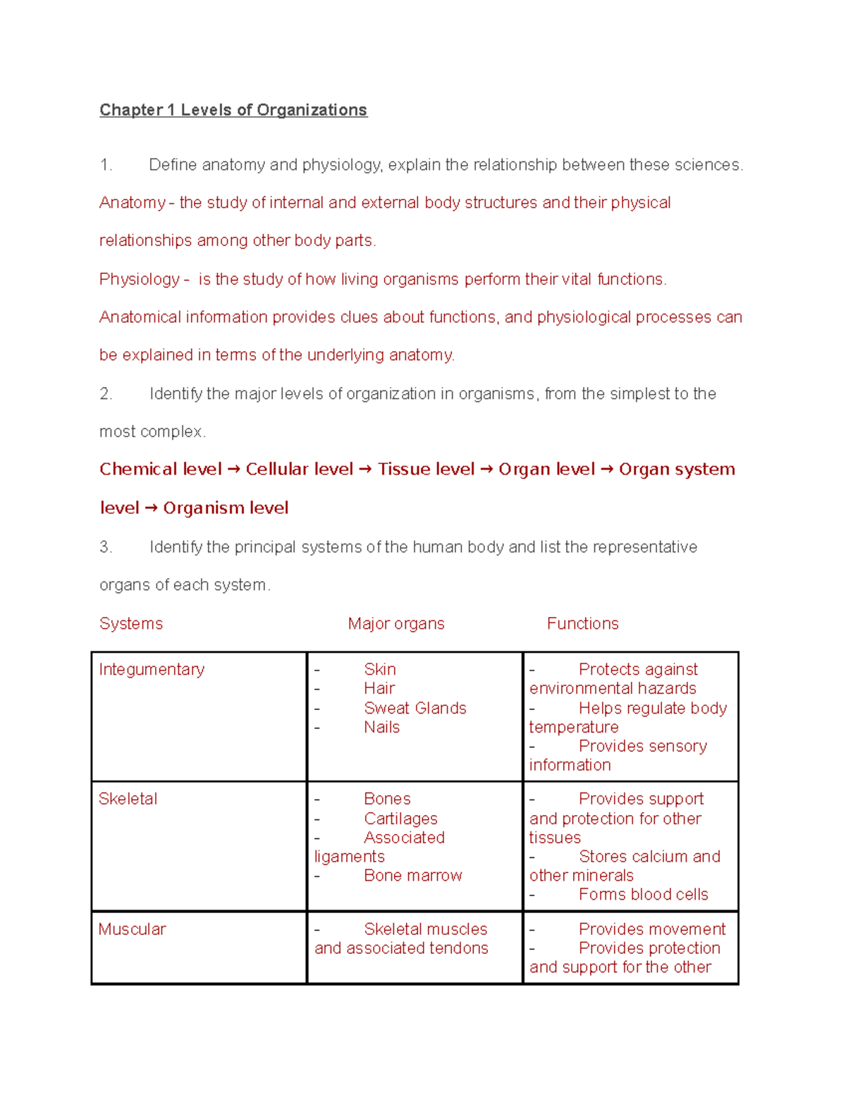 Anatomy Study - Part 1 - stuff - Chapter 1 Levels of Organizations ...