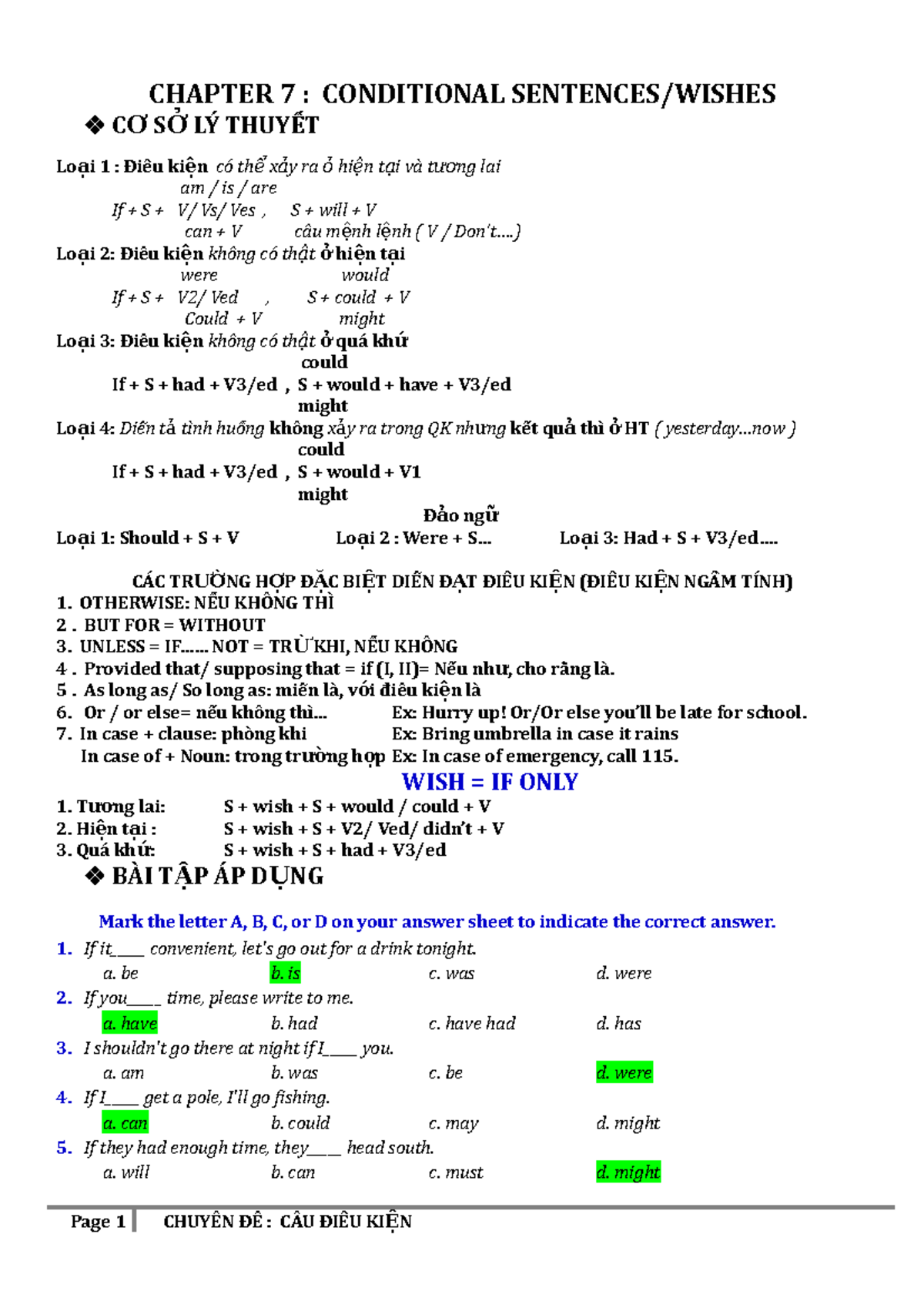 Chuyên ĐỀ 7(CÂU ĐIỀU KIỆN) - CHAPTER 7 : CONDITIONAL SENTENCES/WISHES C ...