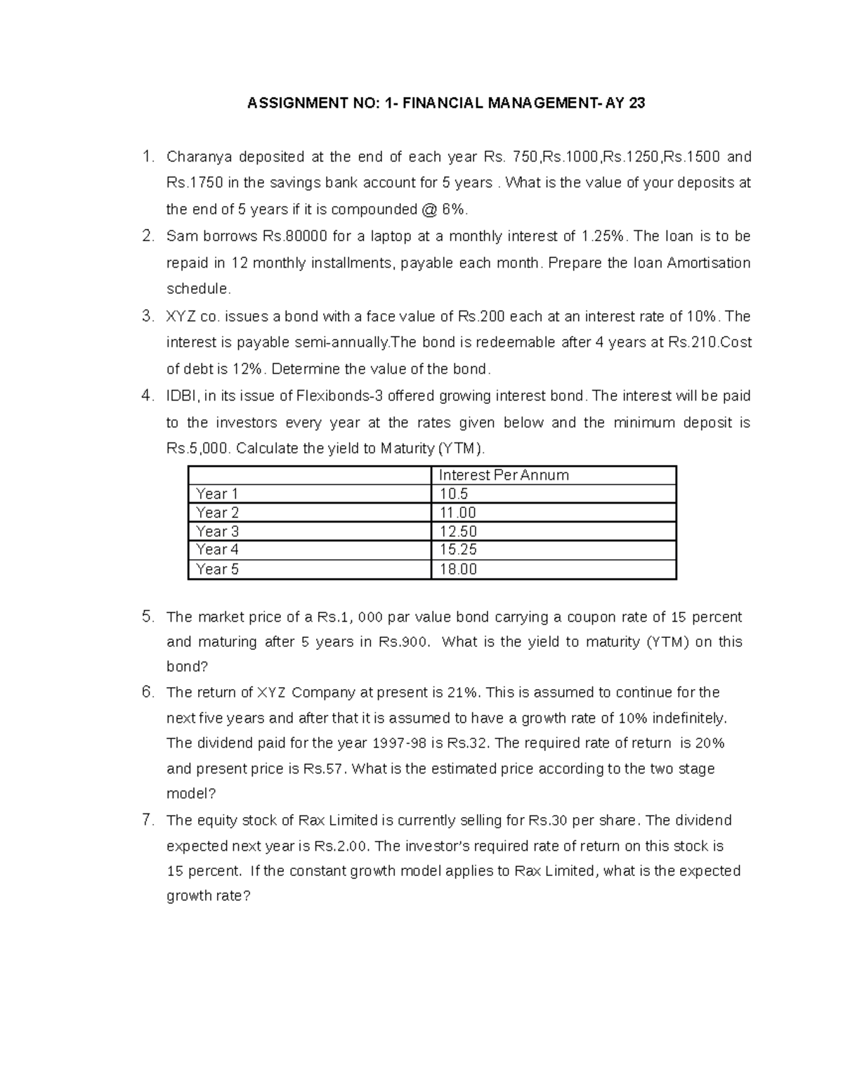 FM assignment 1 FM 2023 - This document contains some problems related to finance. - ASSIGNMENT ...