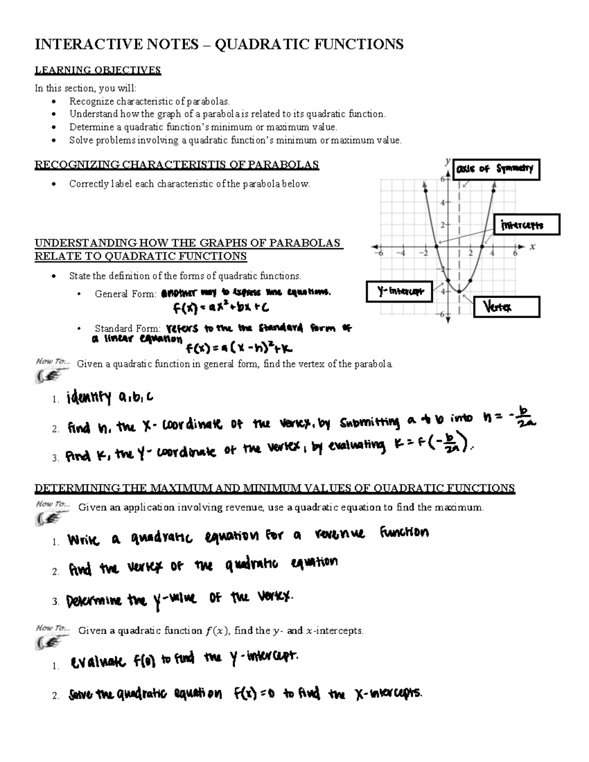 Interactive Notes 4 Interactive Notes Quadratic Functions Learning Objectives In This