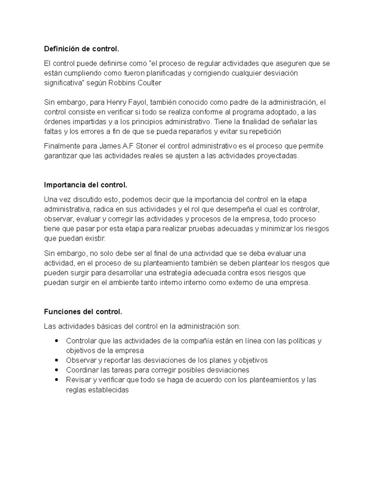 Etapa de control en la administración - Definición de control. El ...