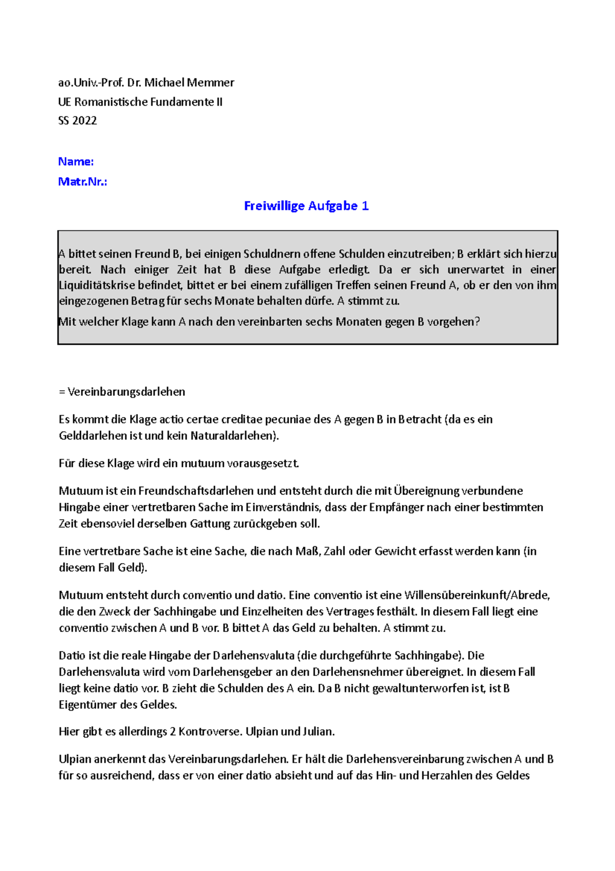 1. Freiwillige Aufgabe Schuldrecht - ao.-Prof. Dr. Michael Memmer UE ...