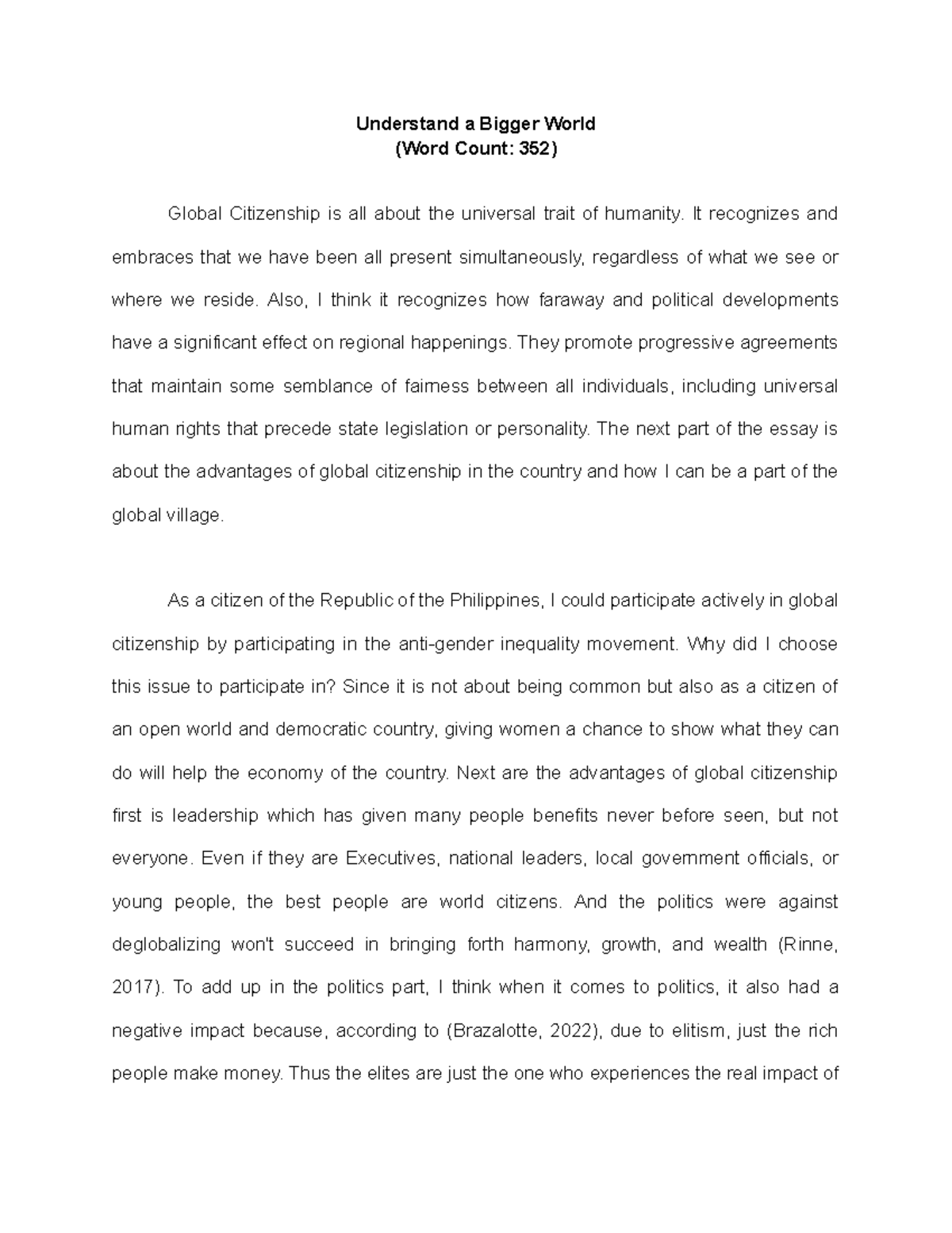 Assessment 3 - Essay for global citizen - Understand a Bigger World ...