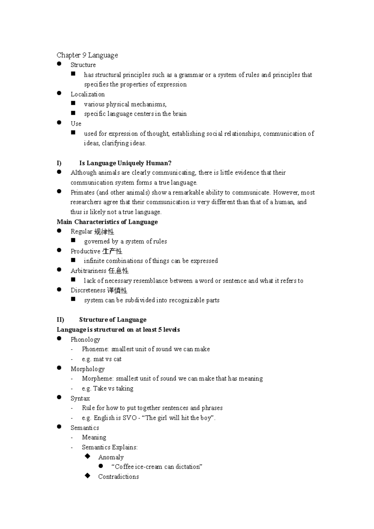 Chapter 9 Language - notes - Chapter 9 Language Structure has ...