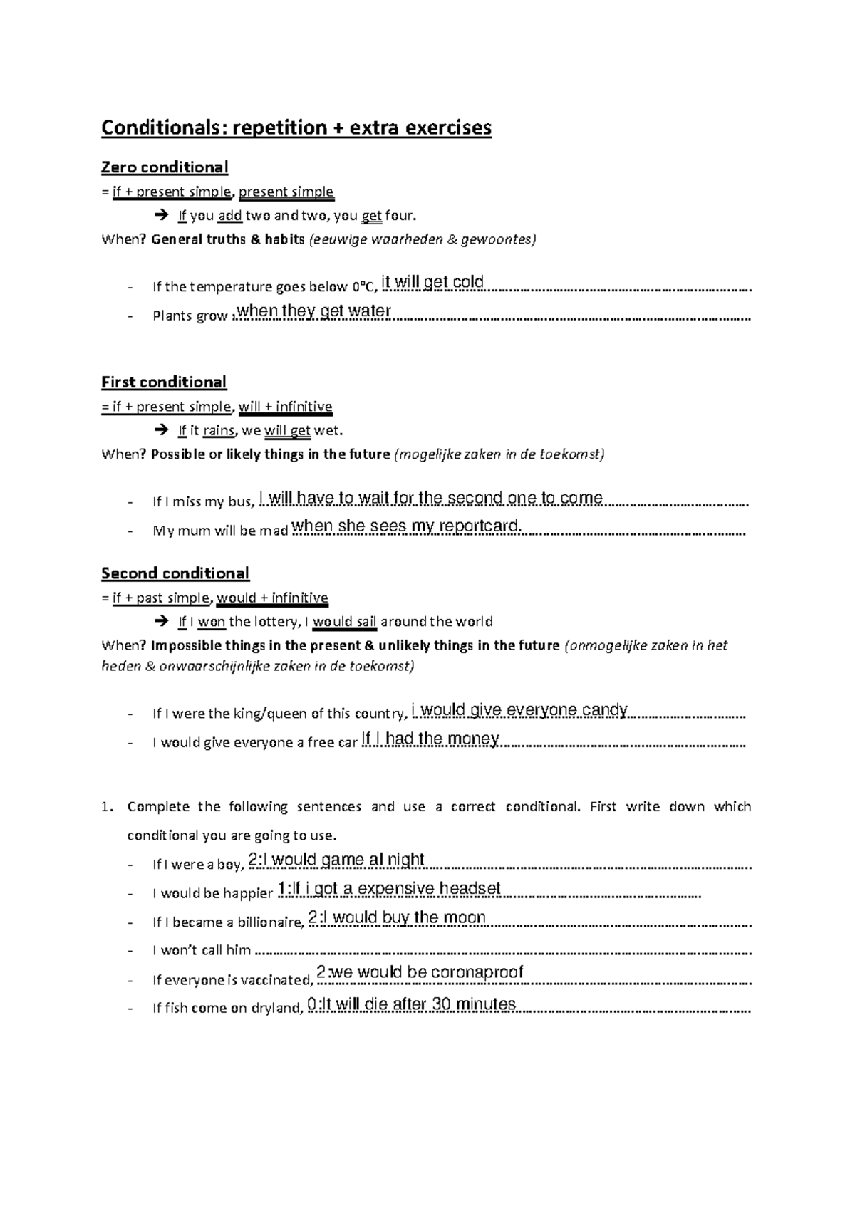 Remediëring conditionals - theorie + extra oefeningen - Conditionals ...