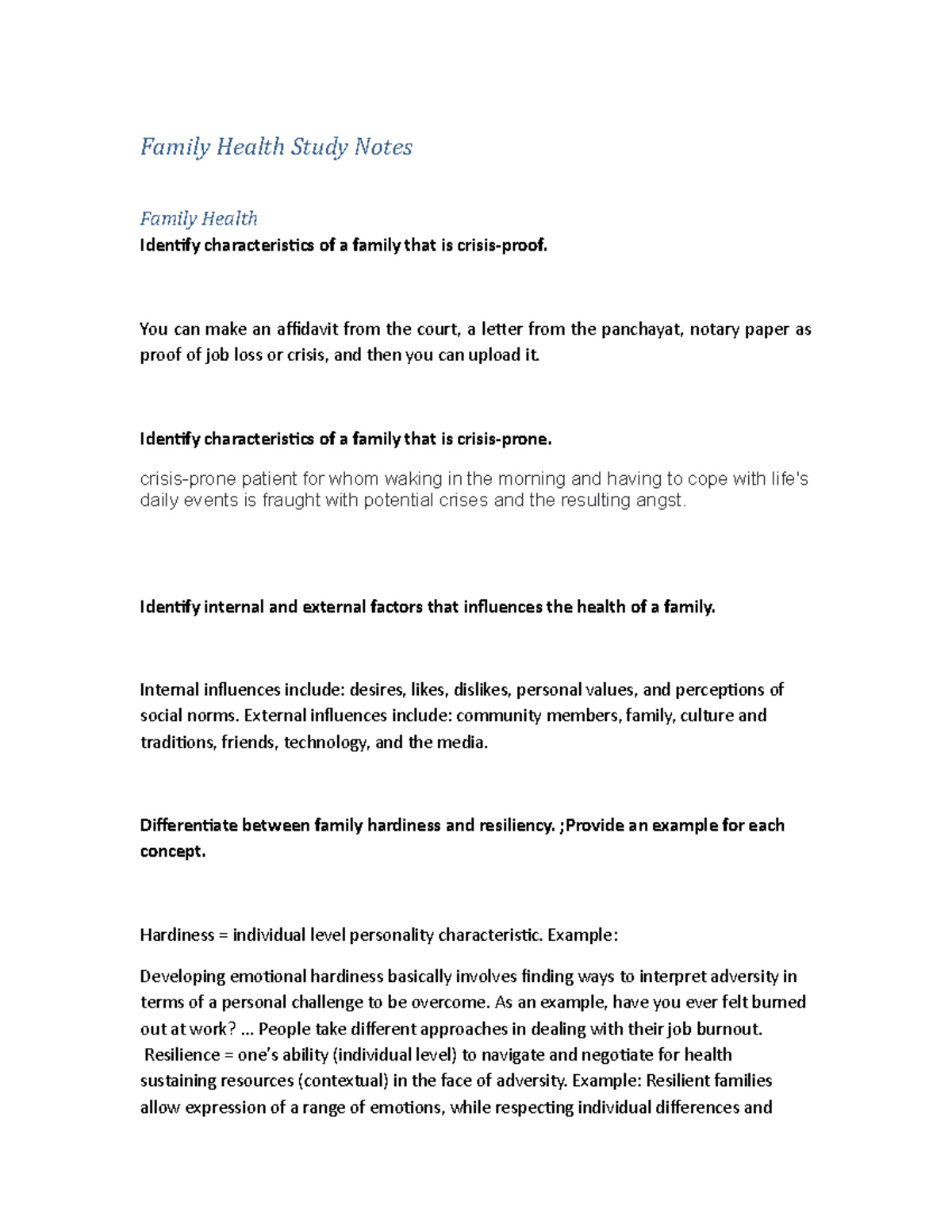 Health and healing week 4 copy - Family Health Study Notes Family ...