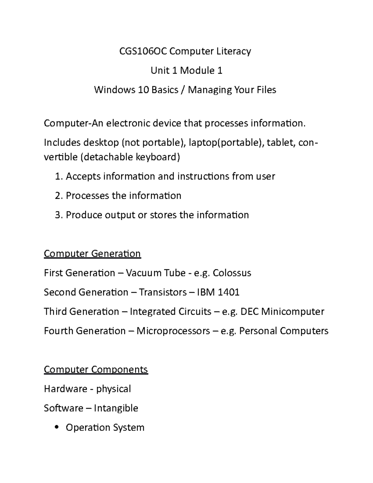 CGS106OC Unit 1 Module Notes - CGS106OC Computer Literacy Unit 1 Module ...