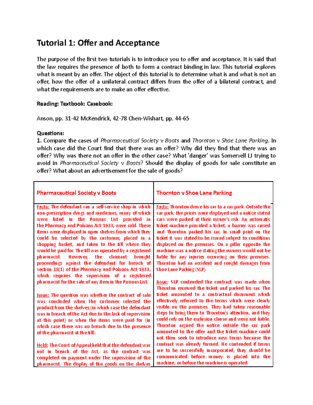 Contract Law Tutorials - Tutorial 1: Offer and Acceptance The purpose of the first two tutorials ...