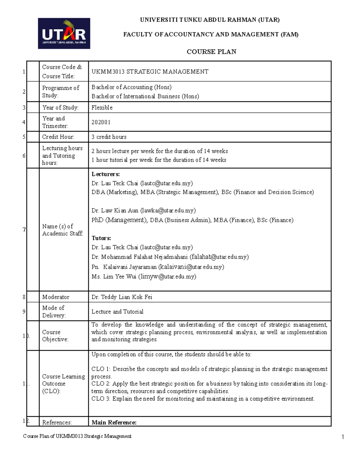 Strategic Management Course Plan Jan 2020 - UNIVERSITI TUNKU ABDUL ...