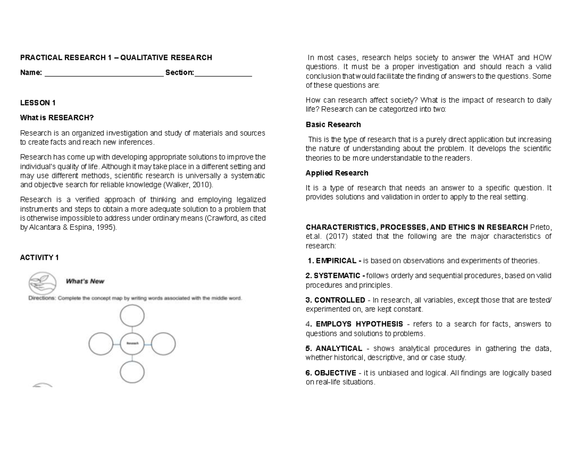 PR1 PRAC RESEARCH - PRACTICAL RESEARCH 1 – QUALITATIVE RESEARCH Name