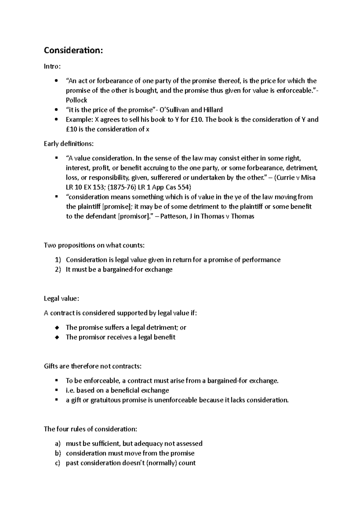 Contract Law lecture 8 - considerations - Consideration: Intro: “An act ...