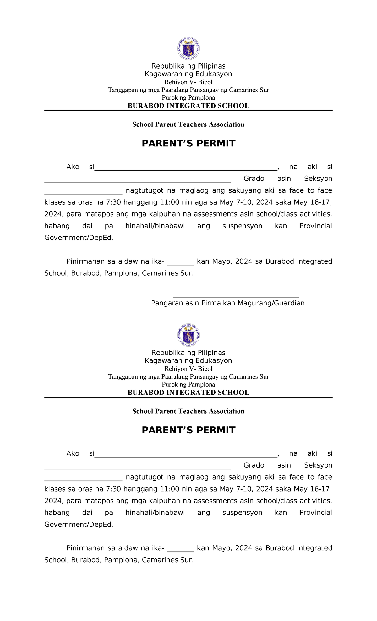Parents-Permit - Republika ng Pilipinas Kagawaran ng Edukasyon Rehiyon ...