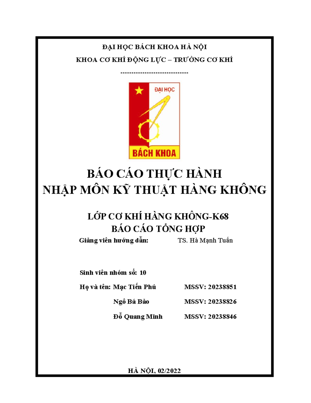 Báo cáo tổng hợp nhóm 10 - hust - ĐẠI HỌC BÁCH KHOA HÀ NỘI KHOA CƠ KHÍ ...
