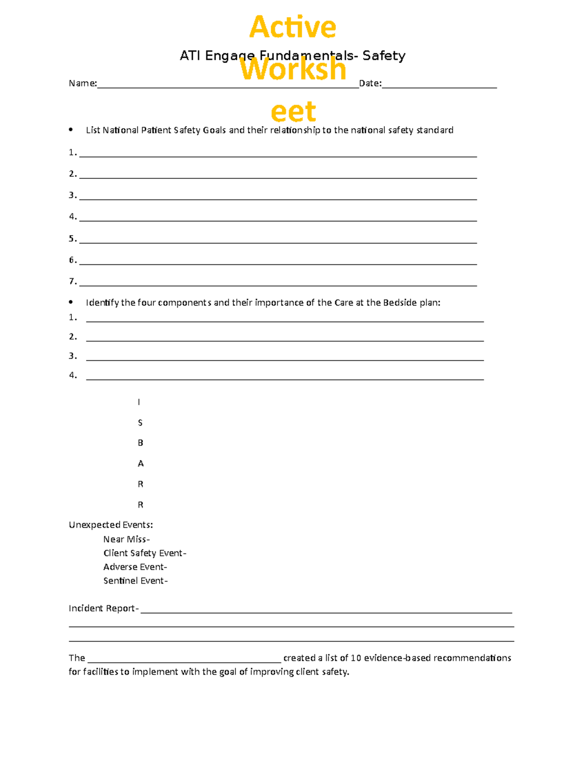 Active worksheet- Safety fa22 - ATI Engage Fundamentals- Safety - Studocu