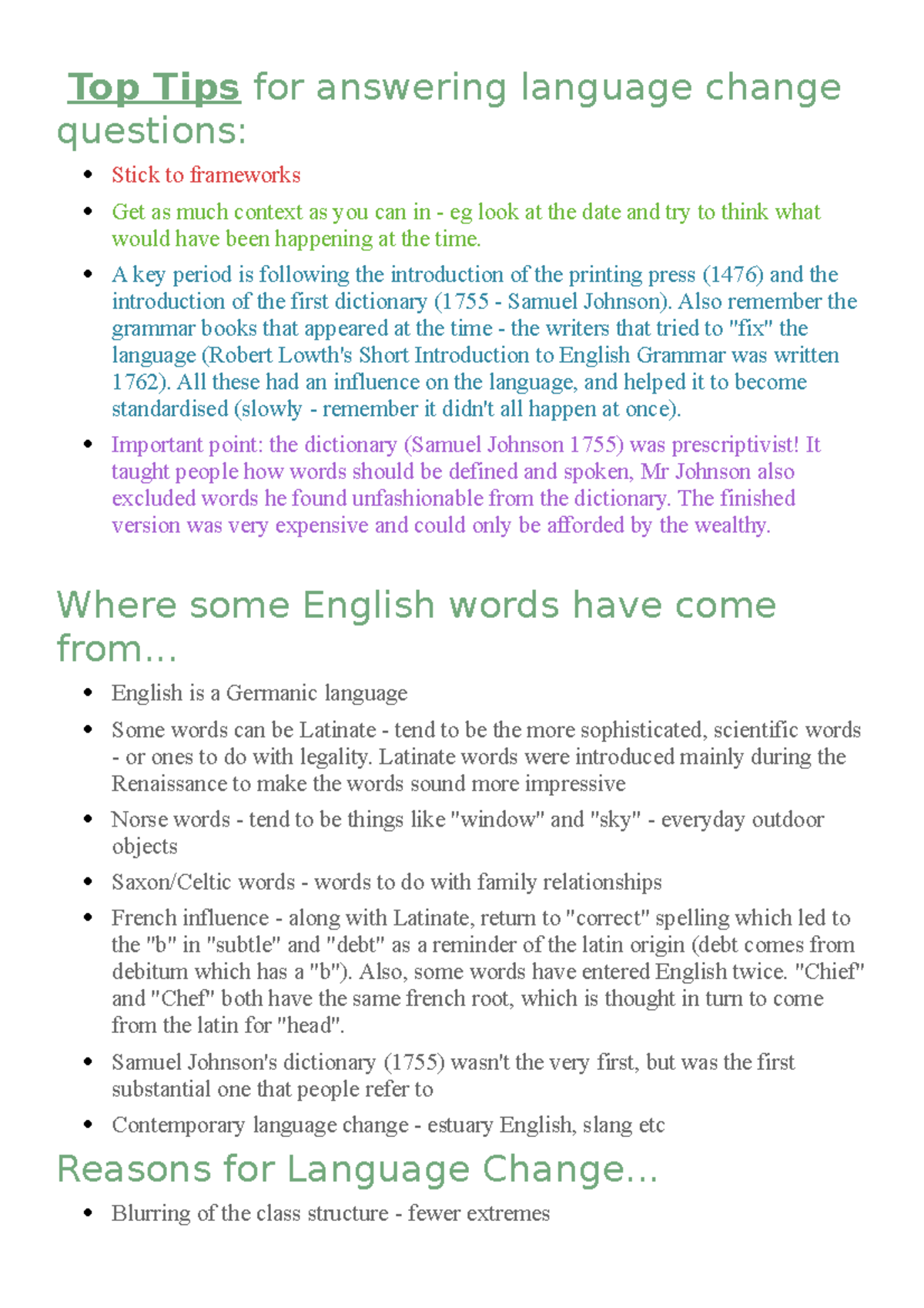 LC Revision - Top Tips for answering language change questions: Stick ...