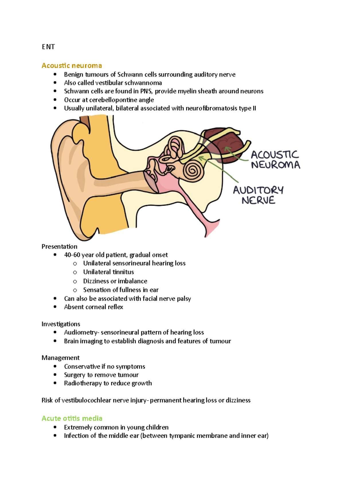 ENT - Notes on ENT for medicine finals - ENT Acoustic neuroma Benign ...
