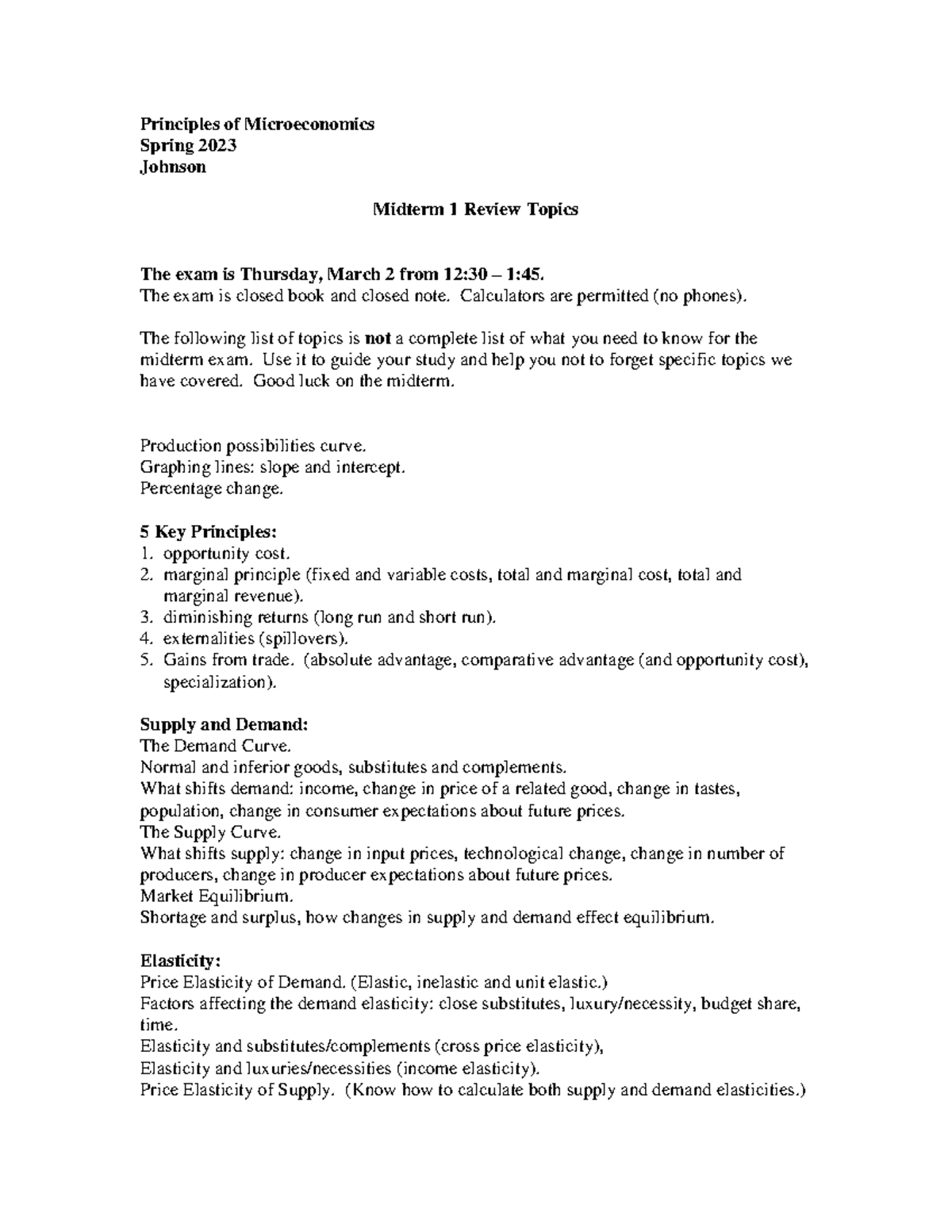 Midterm 1 Review - Principles of Microeconomics Spring 2023 Johnson Midterm 1 Review Topics The ...