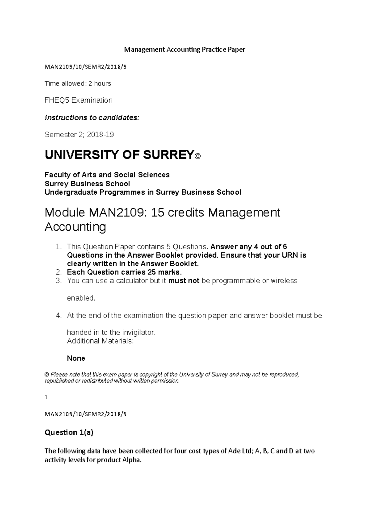 Management Accounting Practice Paper - Management Accounting Practice ...
