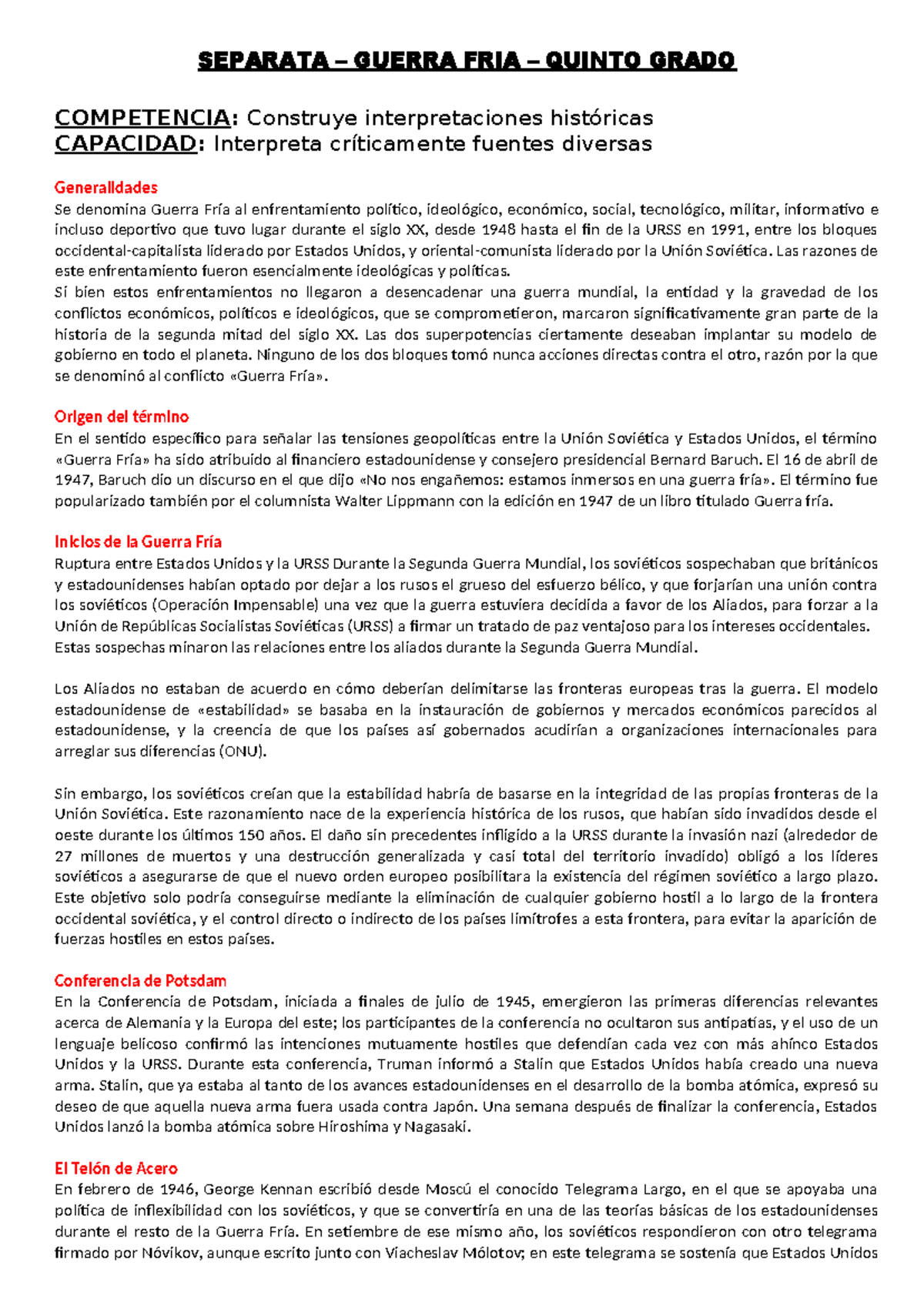 Separata - Guerra FRIA - Quinto - SEPARATA – GUERRA FRIA – QUINTO GRADO ...
