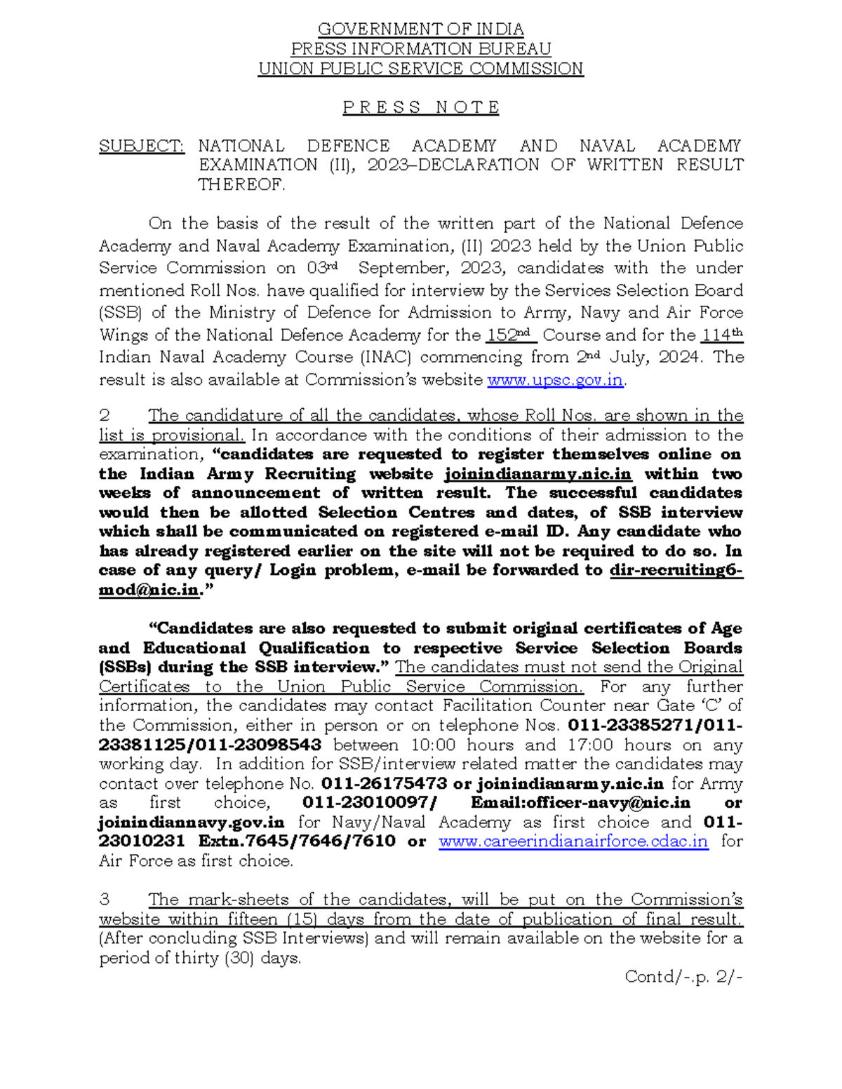 Written Result NDA NA II 2023 engl 260923 - GOVERNMENT OF INDIA PRESS ...