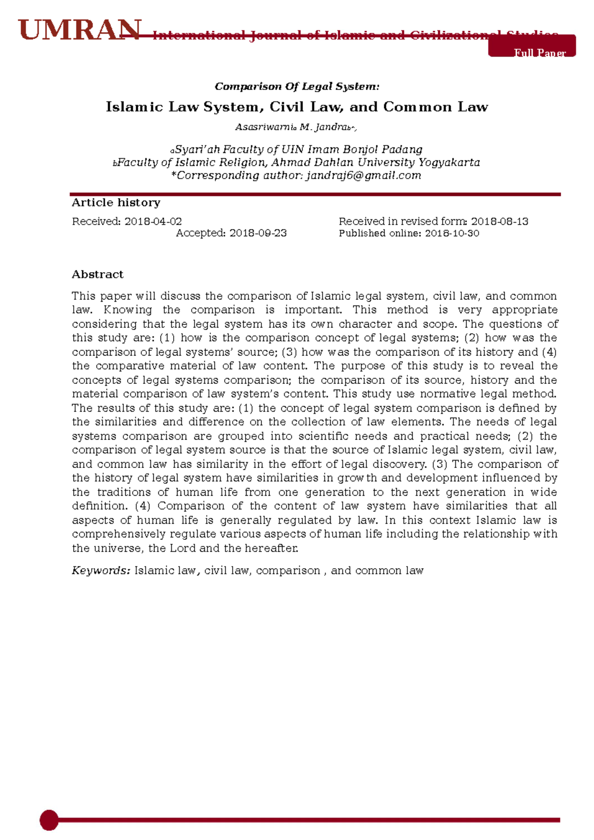 Comparison Of Legal System Islamic Law System Civi - UMRAN ...