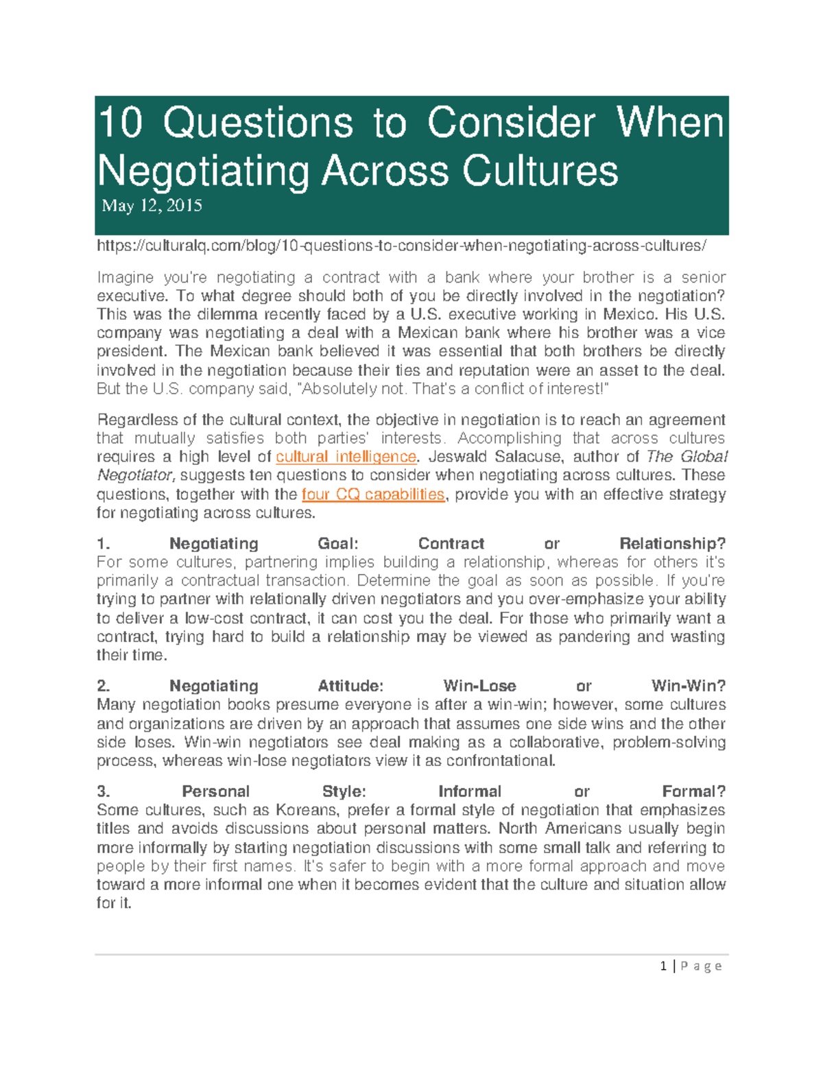 10 Questions to Consider When Negotiating Across Cultures - To what ...