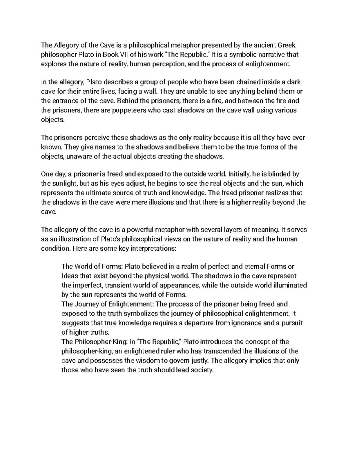 Notes PHL TMU allegory of the cave - The Allegory of the Cave is a ...