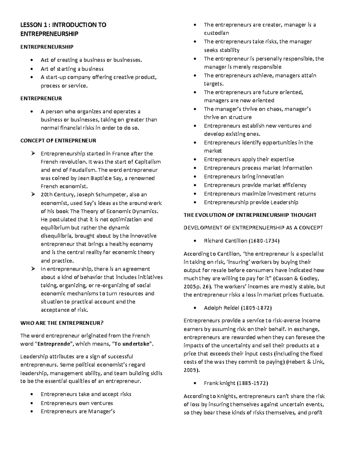 Entrep-Reviewer - summary of entrepreneurship - LESSON 1 : INTRODUCTION ...