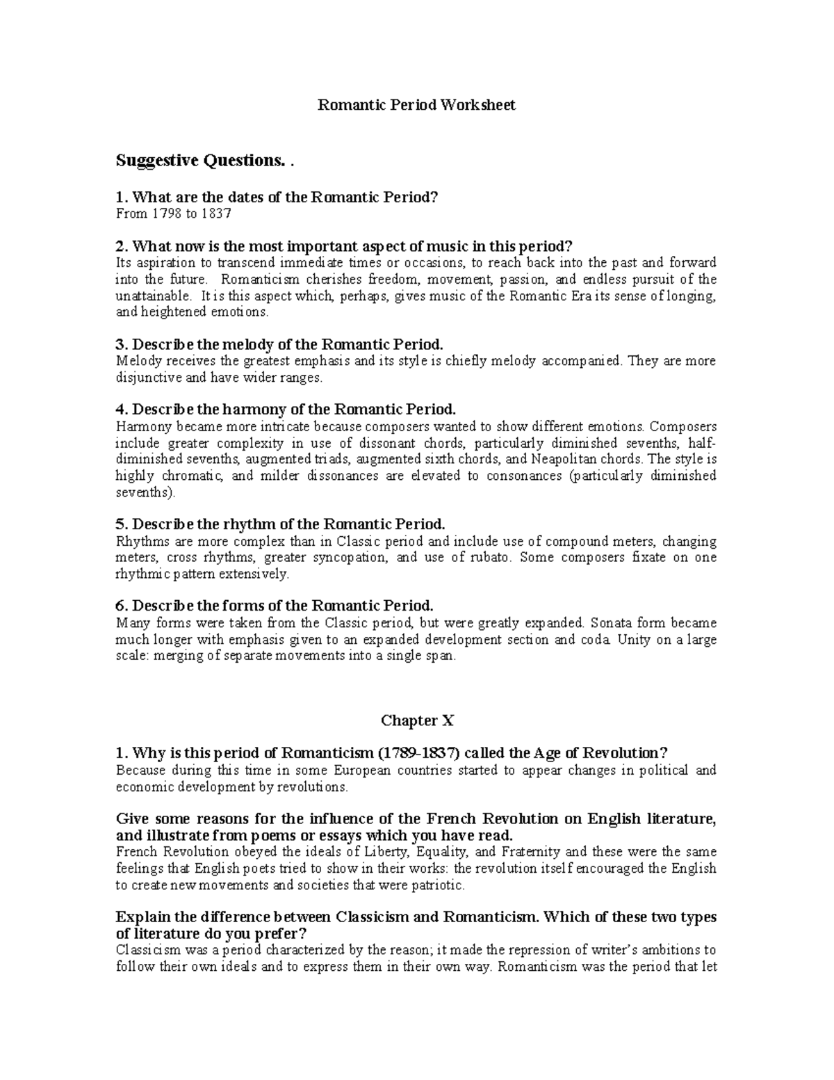 Romantic Period Worksheet and Chapter X Questions - Romantic Period ...