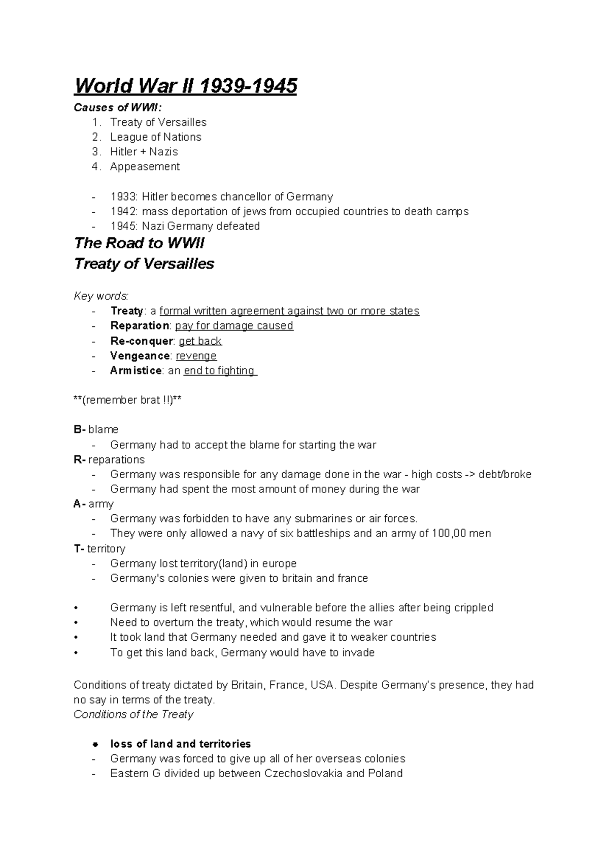 History at1- WWII notes - World War II 1939- Causes of WWII: 1. Treaty ...
