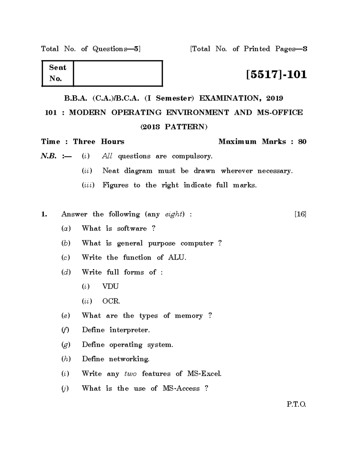 Bbaca quepapers - P.T. Total No. of Questions— 5 ] [Total No. of ...