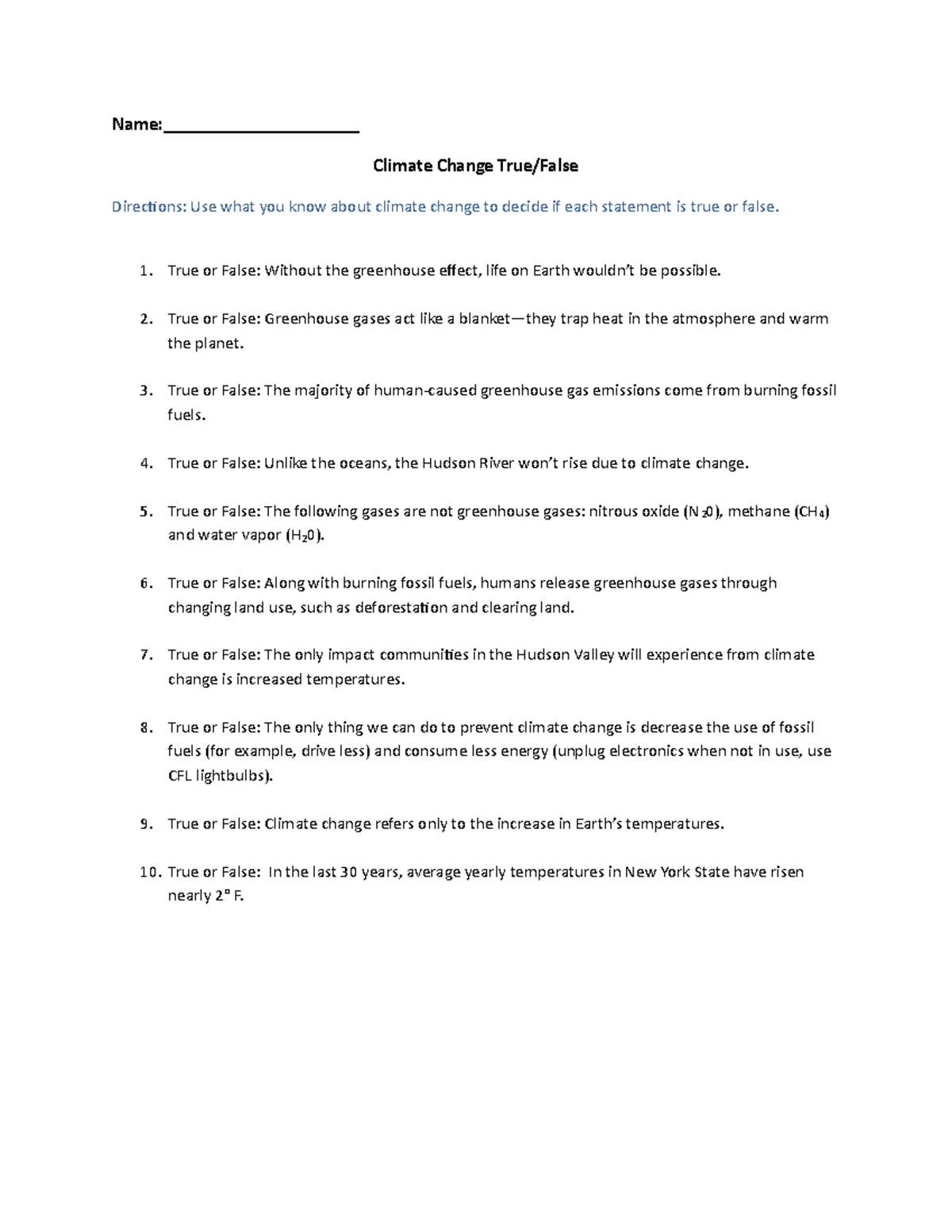 Climate Change True False Worksheet - Name ...