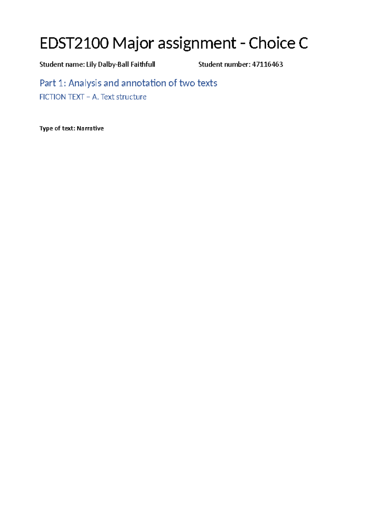 Assessment Major - assignment 1 - EDST2100 Major assignment - Choice C Student name: Lily Dalby ...