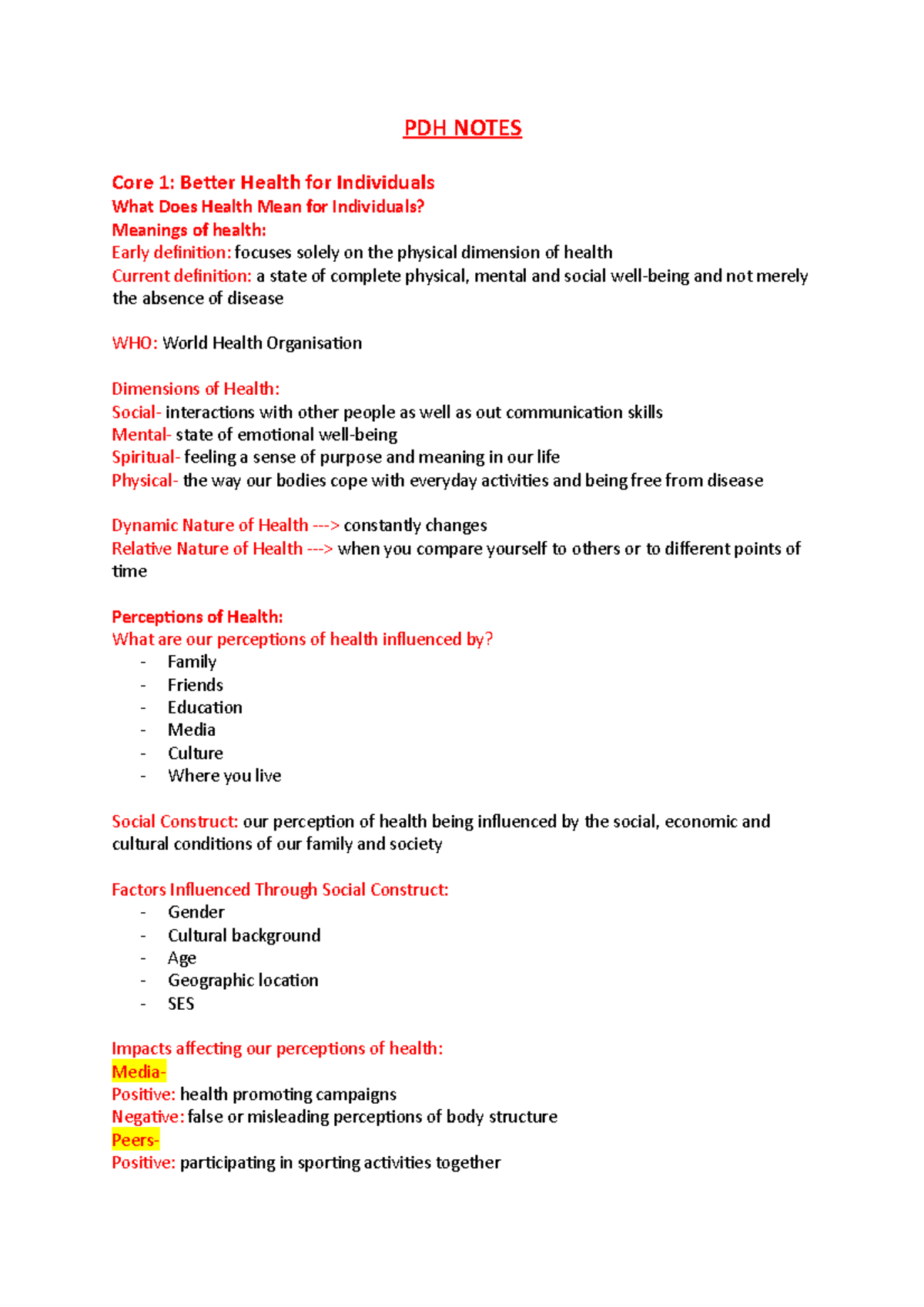 PDH Notes year 11 all - PDH NOTES Core 1: Better Health for Individuals ...