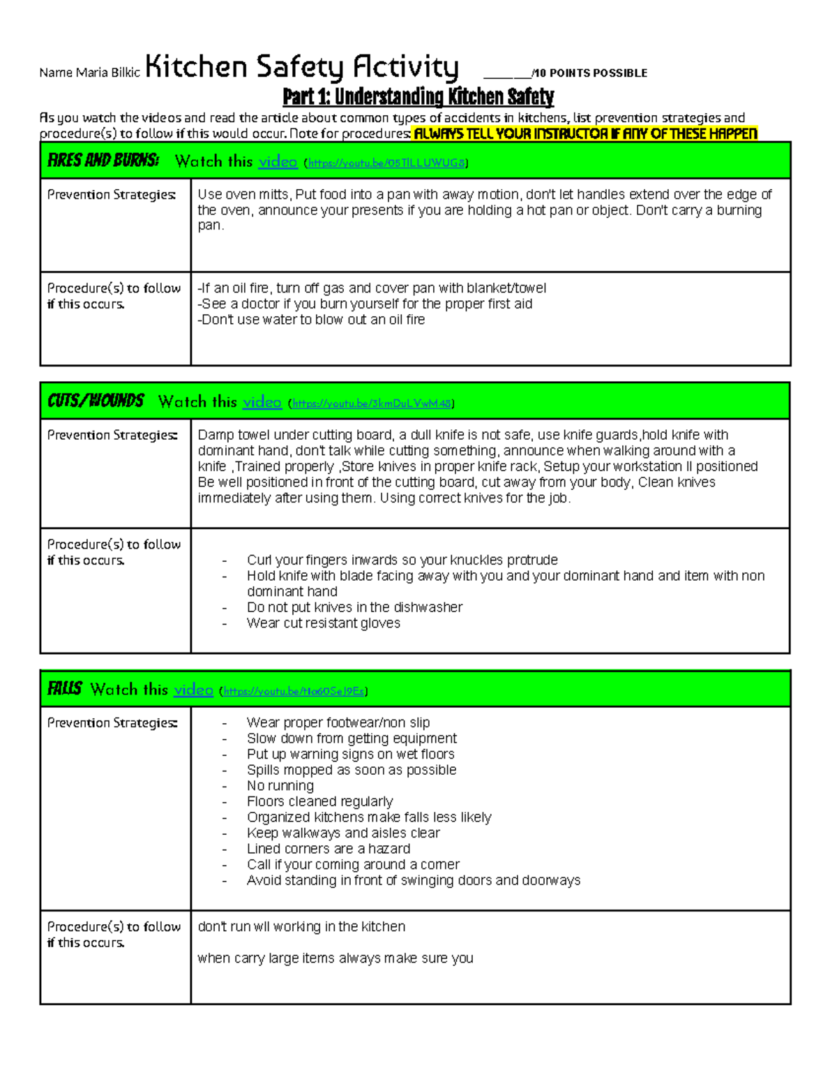 Copy of Copy of Kitchen Safety Worksheet - Name Maria Bilkic Kitchen ...