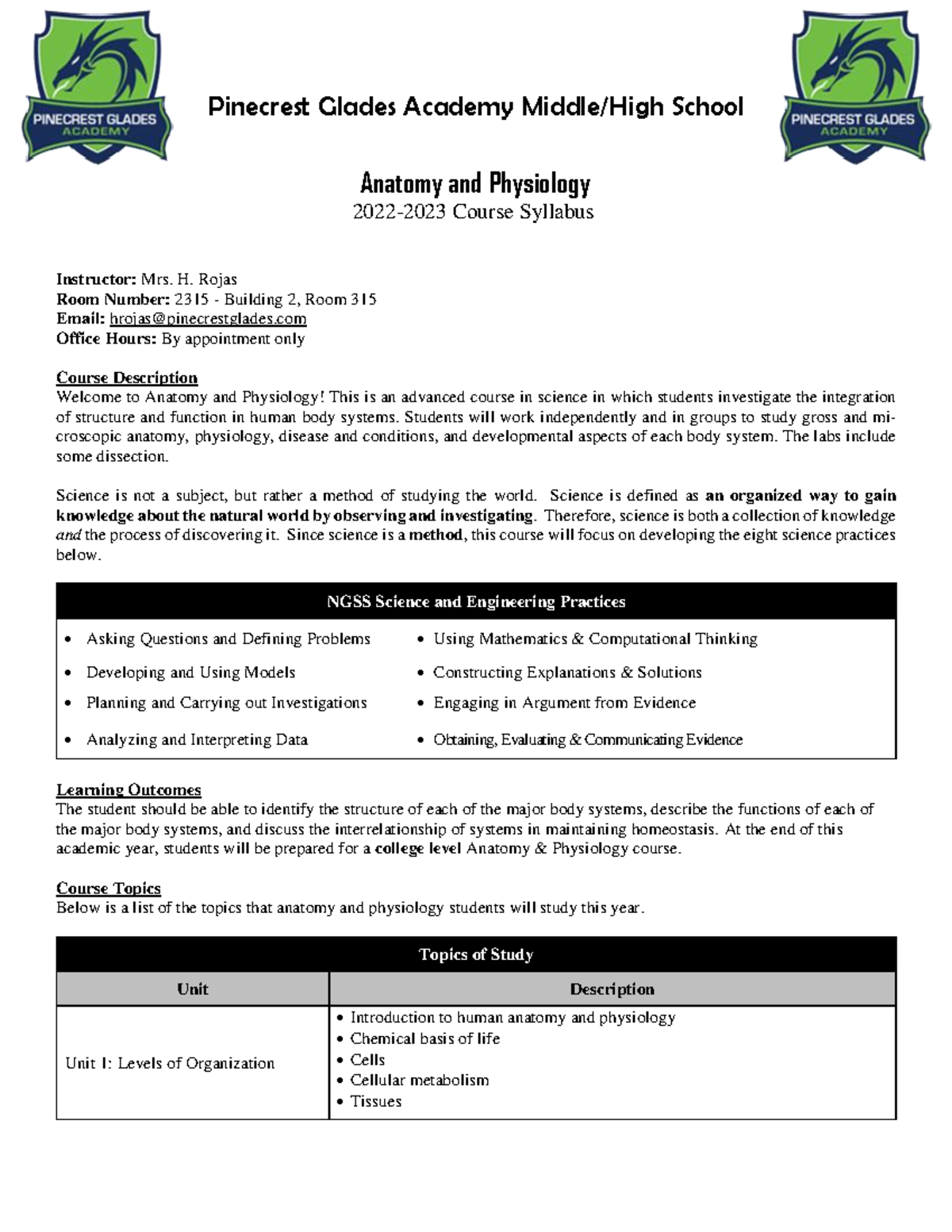 Mrs Rojas Anatomy and Physiology Syllabus 2022-2023 - Anatomy and ...