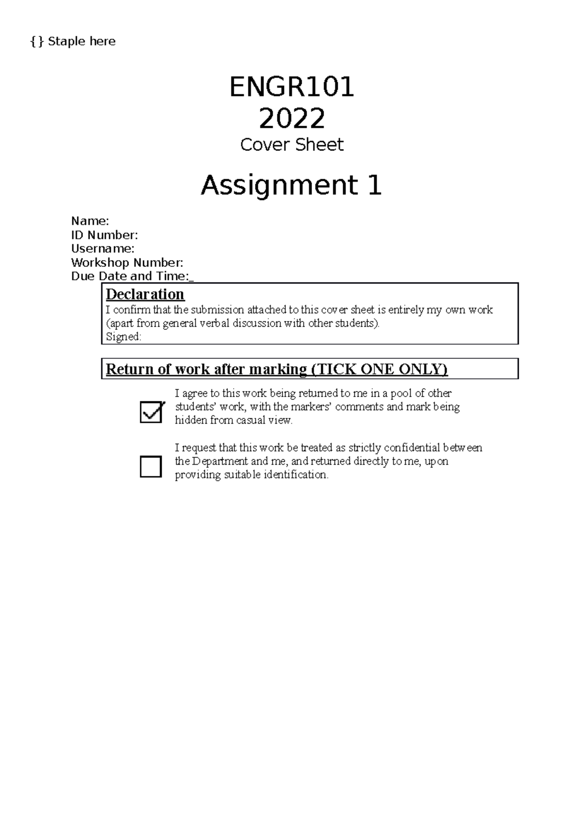 ENGR101 workshop - {} Staple here ENGR 2022 Cover Sheet Assignment 1 ...