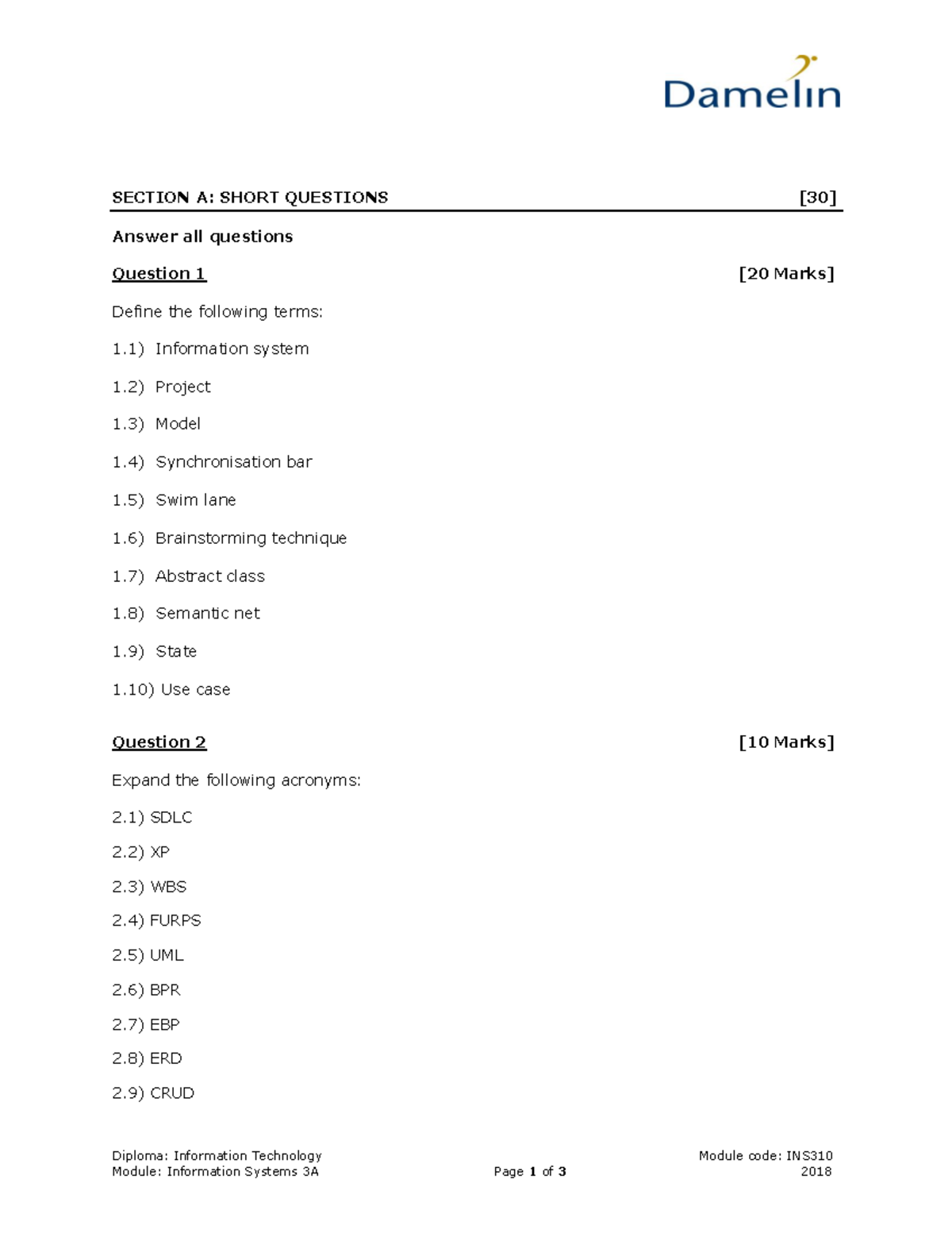 Information systems 3A test prep - Diploma: Information Technology ...
