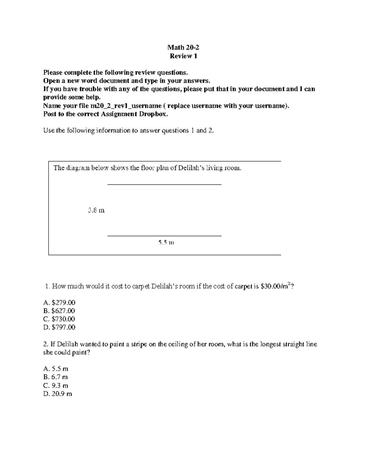 Review 1 - Math 20- Review 1 Please complete the following review ...