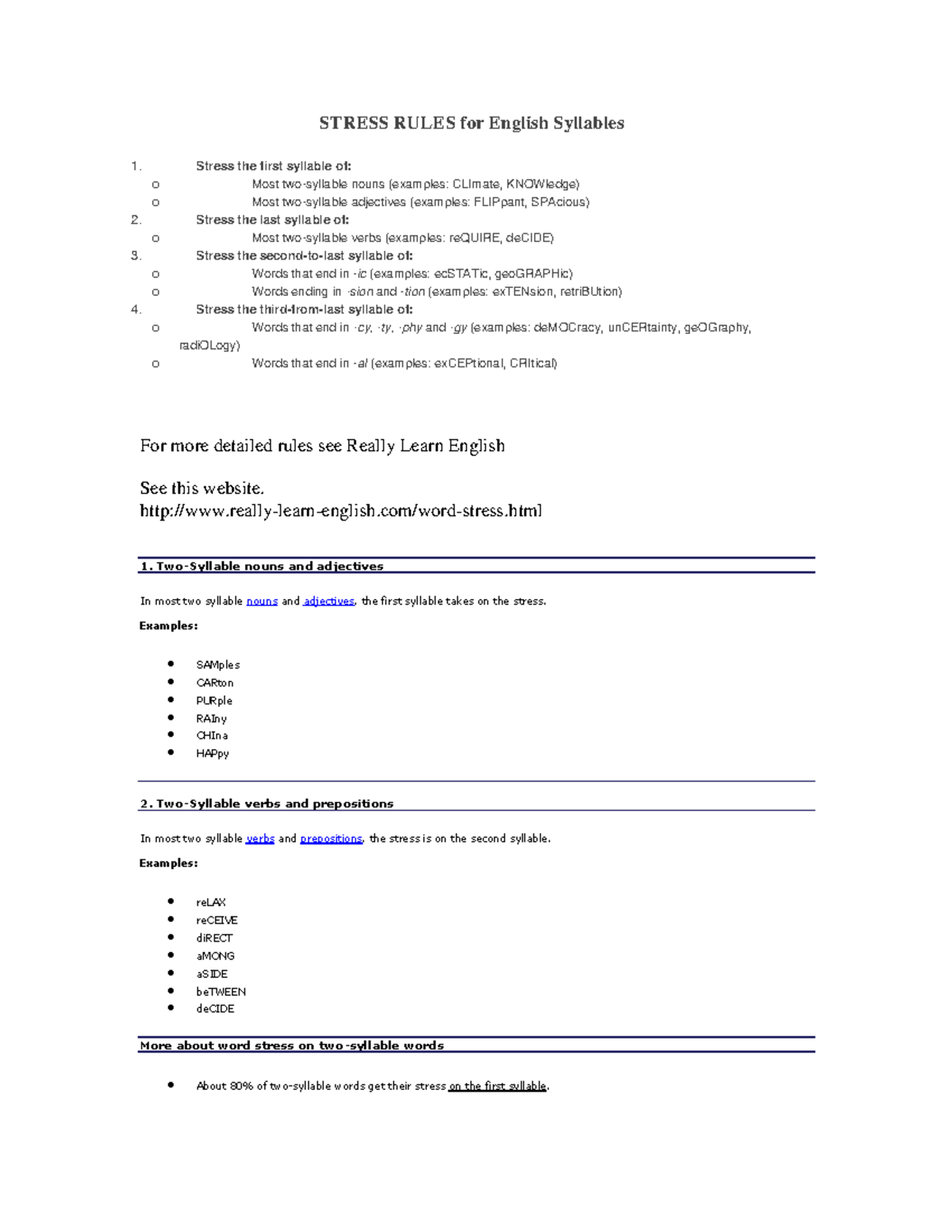 Stress Rules in English - STRESS RULES for English Syllables 1. Stress ...