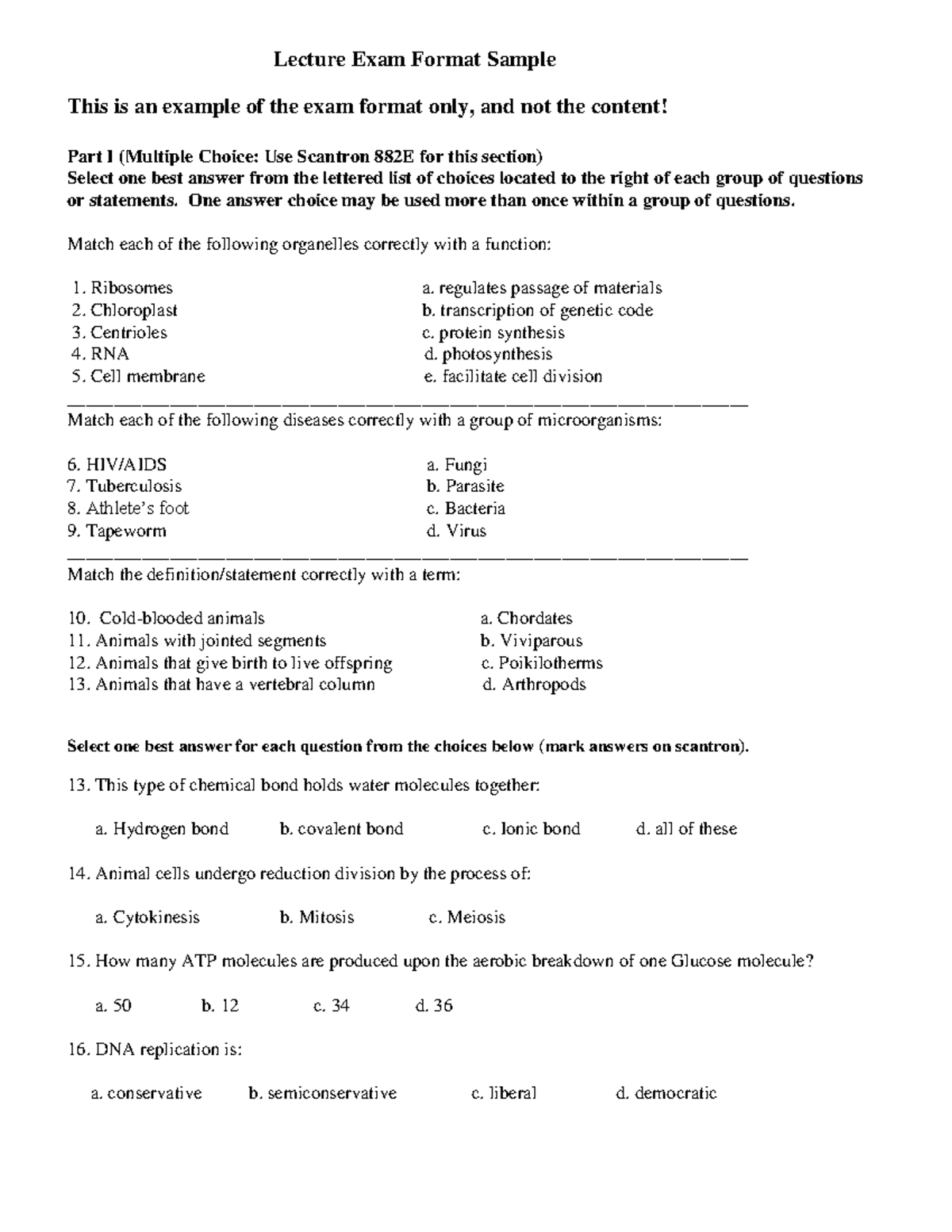 Sample EXAM - Lecture Exam Format Sample This is an example of the exam ...
