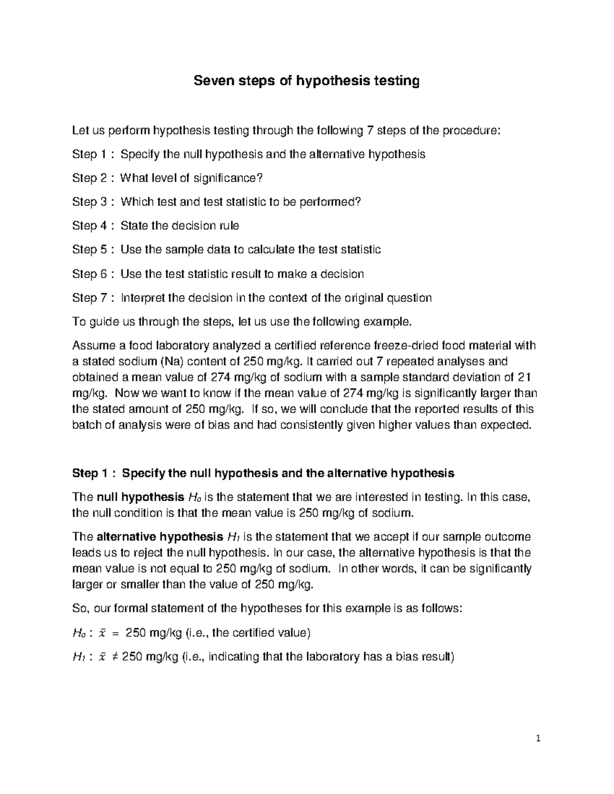 7 Steps of hypothesis testing - 1 Seven steps of hypothesis testing Let ...