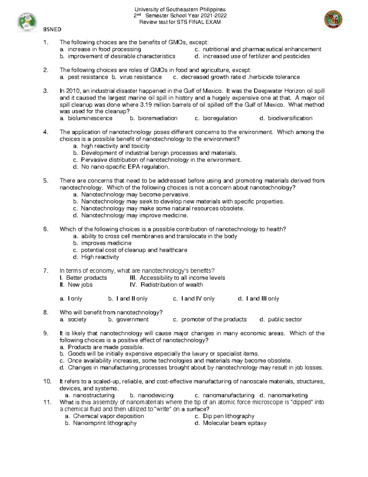 Review test for STS Finals - 2 nd Semester School Year 2021- Review ...