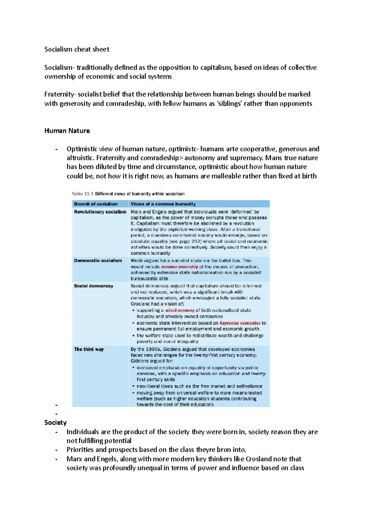 Socialism notes - Socialism cheat sheet Socialism- traditionally ...