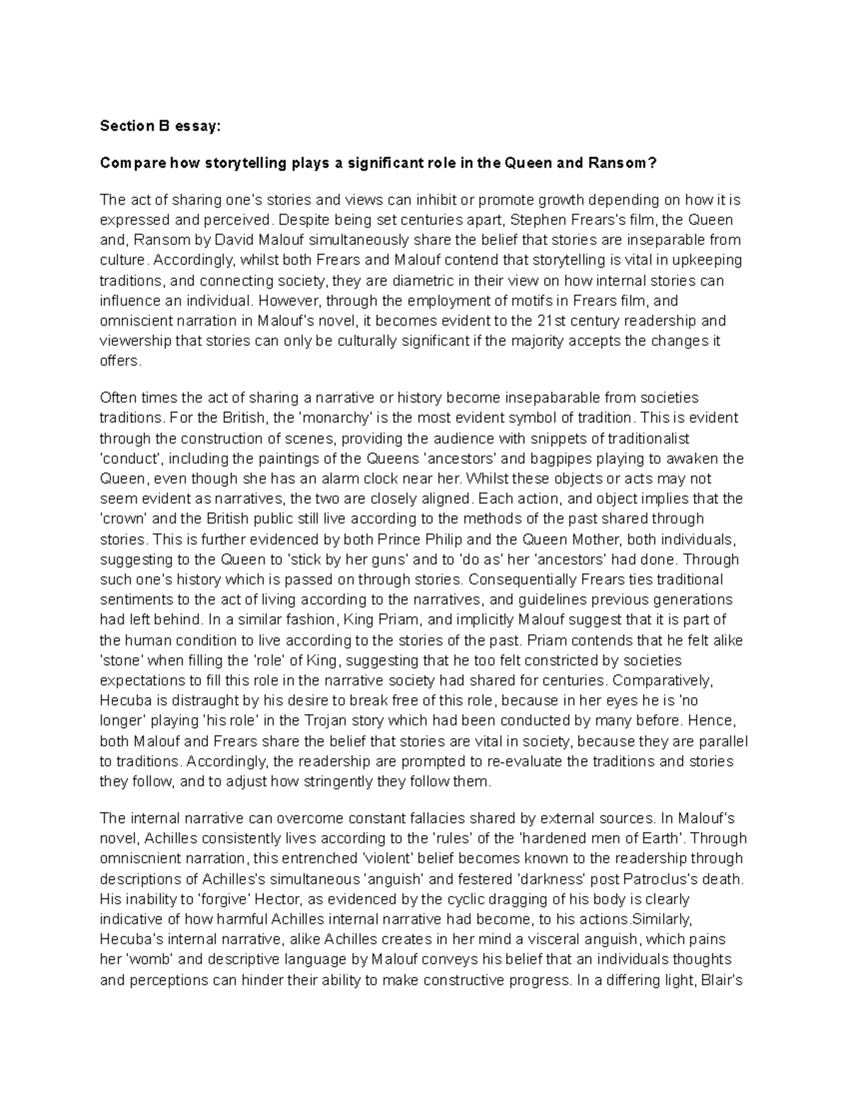 Storytelling Ransom & the Queen - Section B essay: Compare how ...